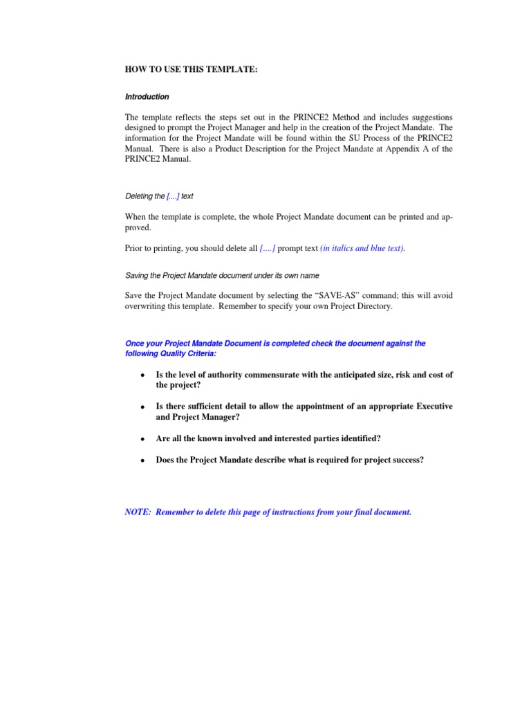 Prince2 Project Mandate Template PDF | PDF | Document | Business