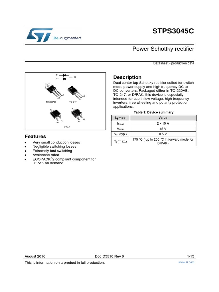 STPS3045C: Power Schottky Rectifier | PDF | Diode | Rectifier