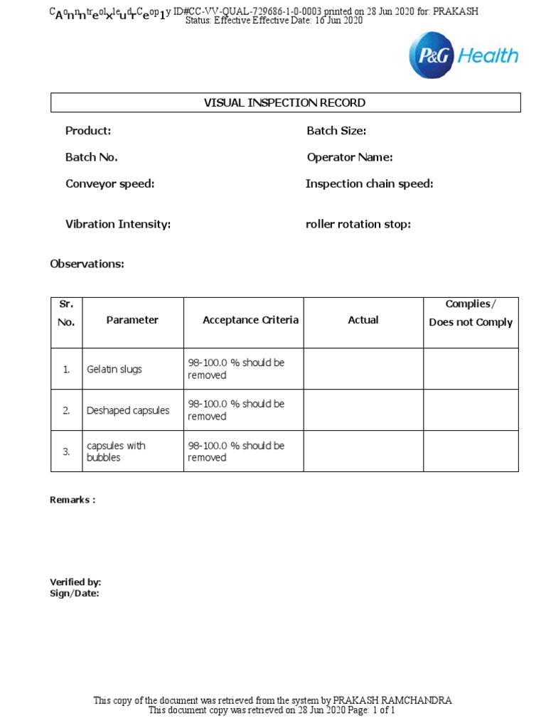 Annexure 1 - VISUAL INSPECTION RECORD | Download Free PDF | Business ...