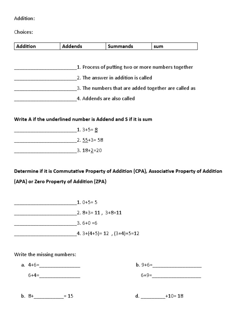 Addition Addends Summands Sum | Download Free PDF | Subtraction | Ring ...