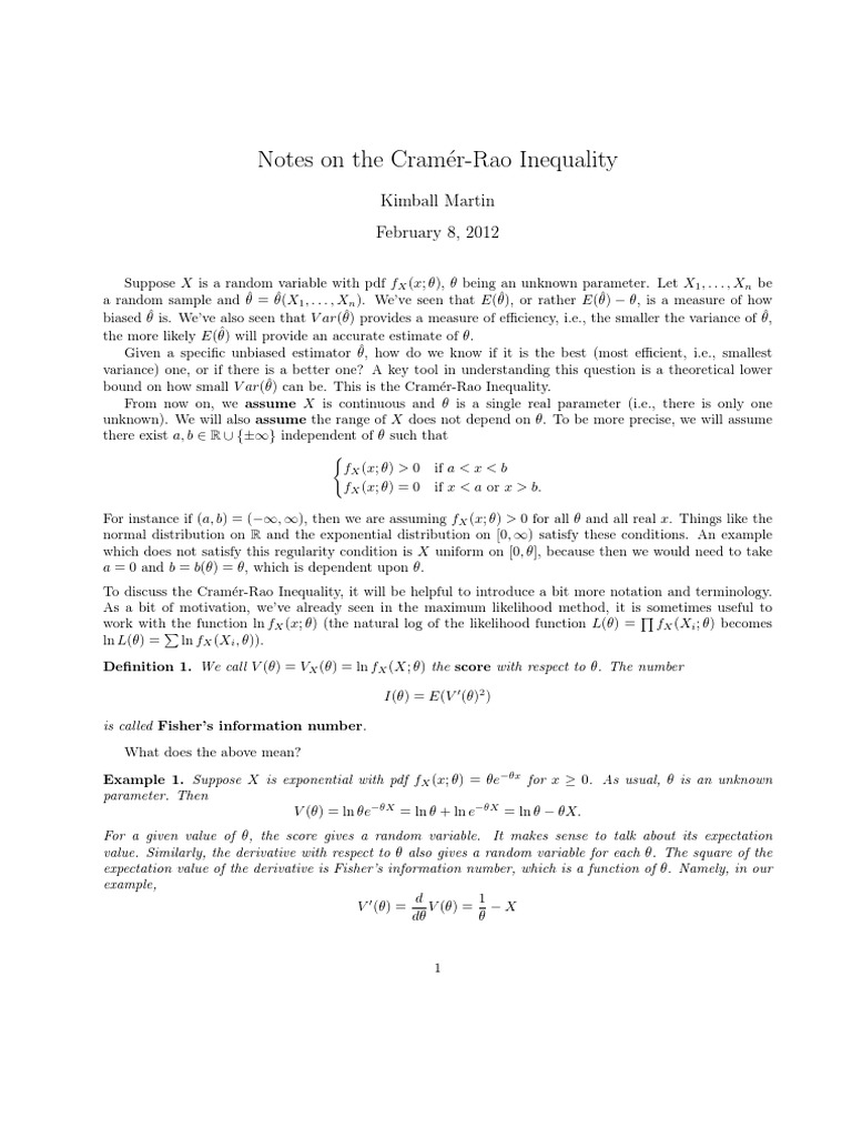 Notes On The Cram Er-Rao Inequality: Kimball Martin February 8, 2012 ...