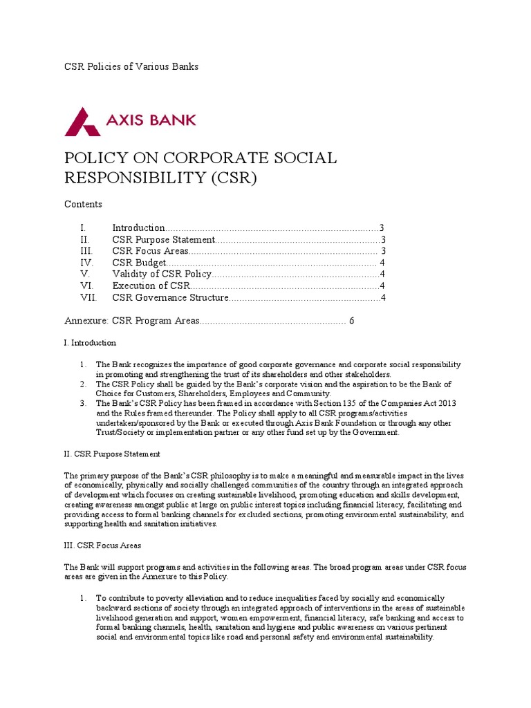 CSR Policies of Various Banks | PDF | Corporate Social Responsibility ...