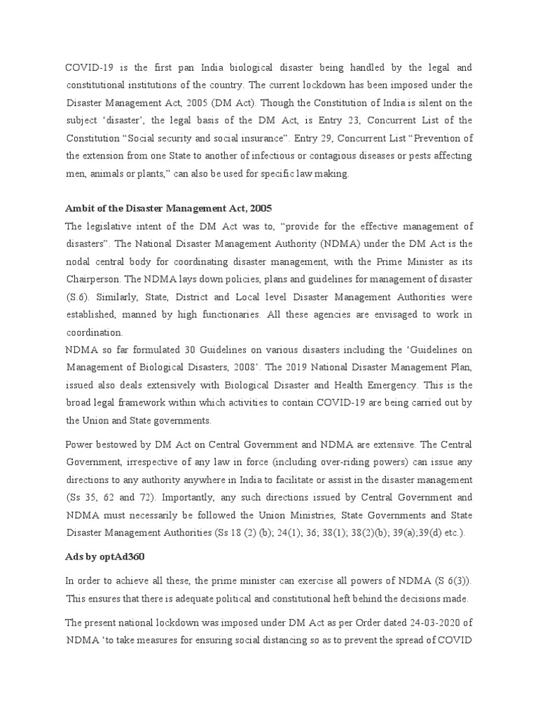 Ambit of The Disaster Management Act, 2005: I I I I I I | PDF ...