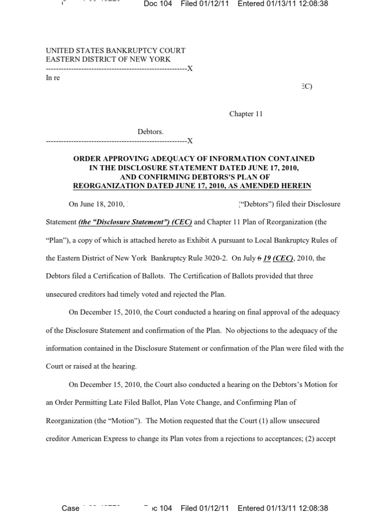 Signed Order Confirming Plan For Scribd | PDF | Chapter 11 | Bankruptcy ...