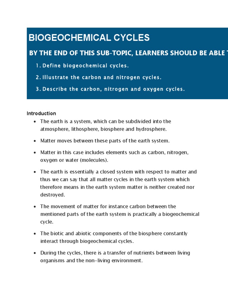 Biogeochemical Cycles: by The End of This Sub-Topic, Learners Should Be ...