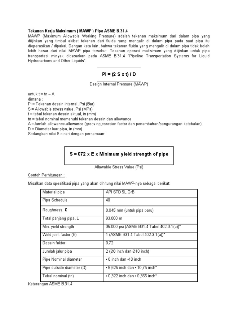 Kalkulasi (MAWP) ASME B31.4 | PDF