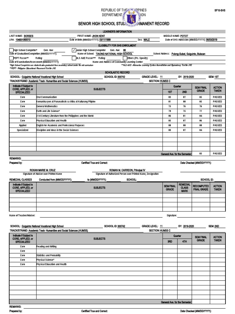 Senior High School Student Permanent Record: Republic of The ...