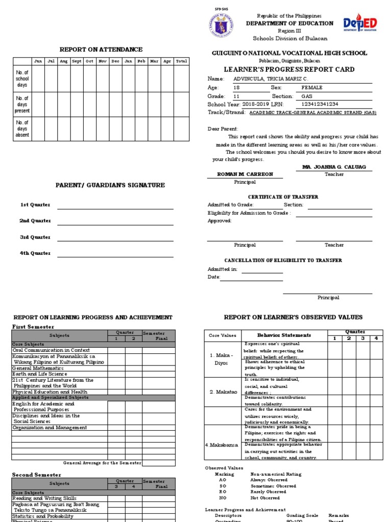 SHS Report Card - Grade11 | Download Free PDF | Value (Ethics) | Literacy