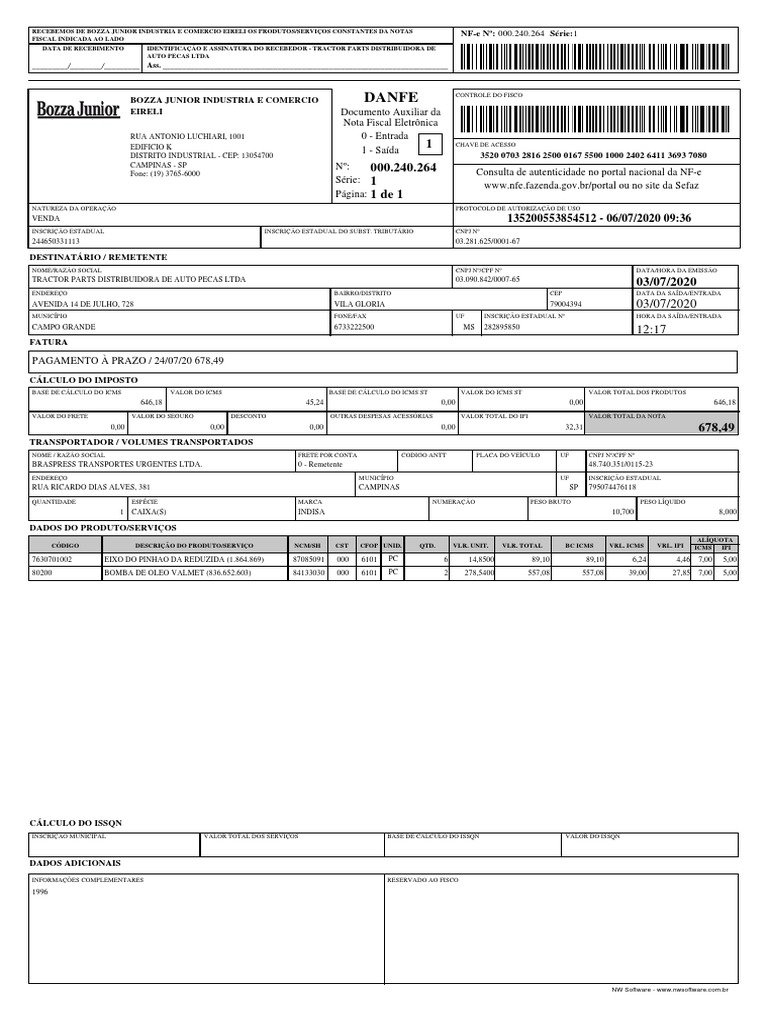 Nota Fiscal Eletrônica - Bozza Junior | PDF | Documentos empresariais ...