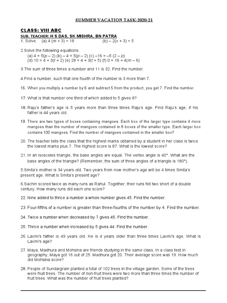 Summer Vacation Task HSD-2020-21 Viii & X | PDF | Quadratic Equation ...