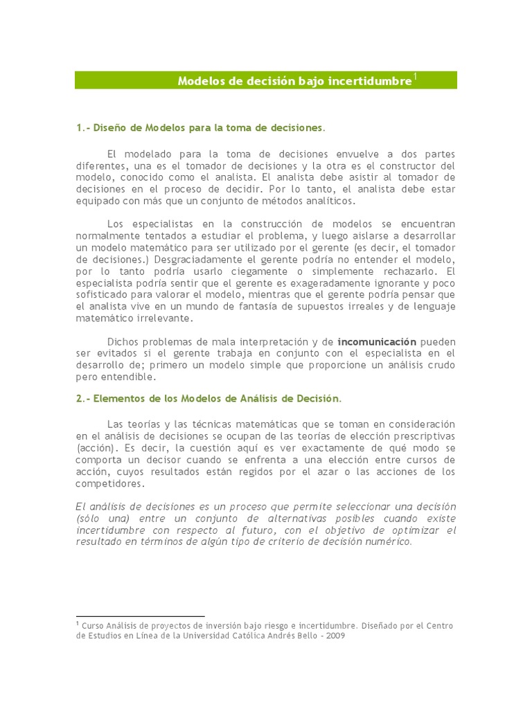 Modelos de Decision Bajo Incertidumbre-Guia | PDF | Conjunto (Matemáticas) | Toma de decisiones