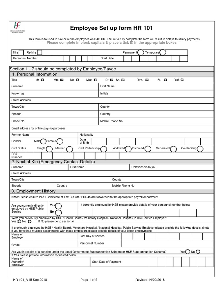 HR 101 Employee Set Up Form PDF | PDF | Pension | Payroll