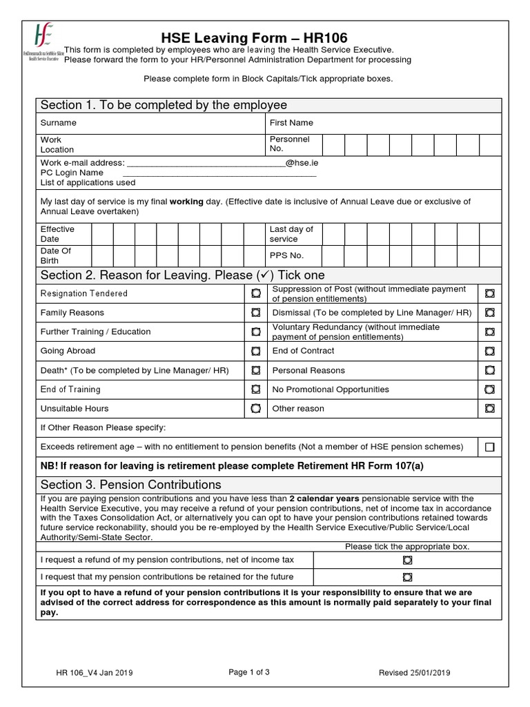 HSE Leaving Form - HR106: Section 1. To Be Completed by The Employee ...