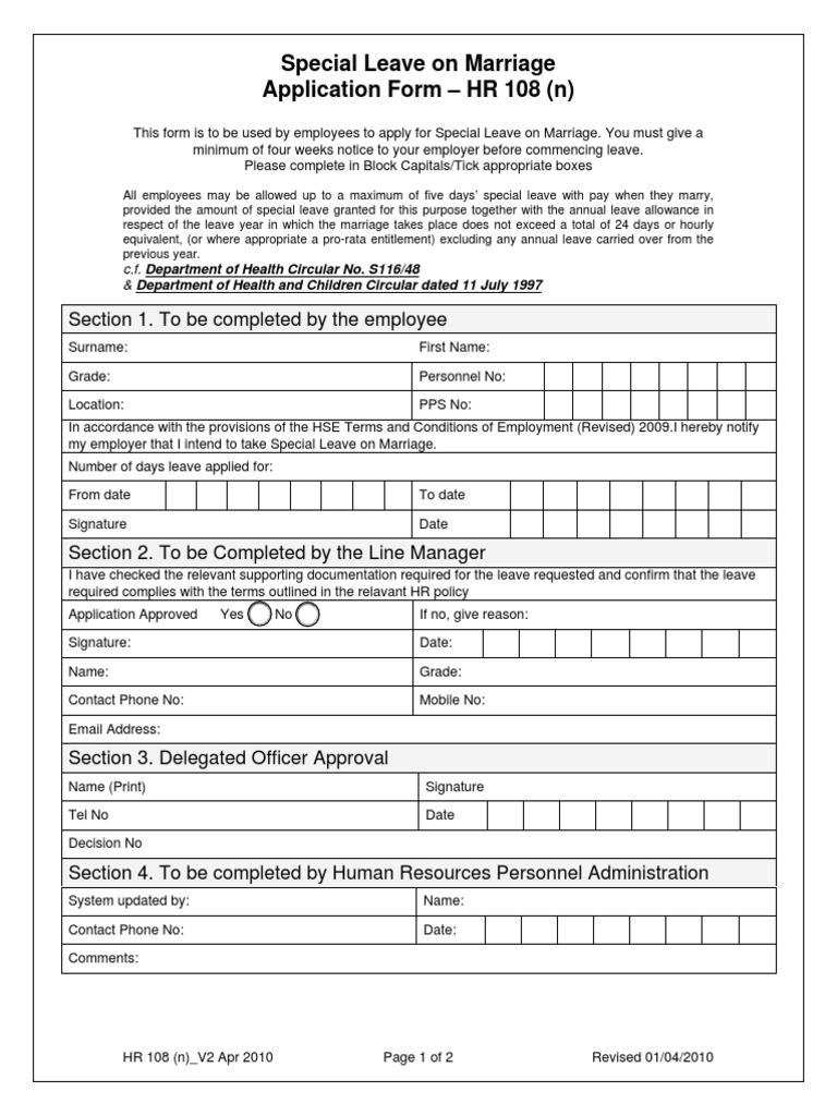 Special Leave On Marriage Application Form - HR 108 (N) : Section 1. To ...