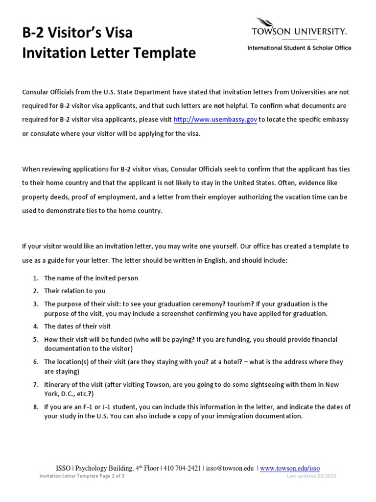 B-2 Visitor's Visa Invitation Letter Template: ISSO - Psychology ...