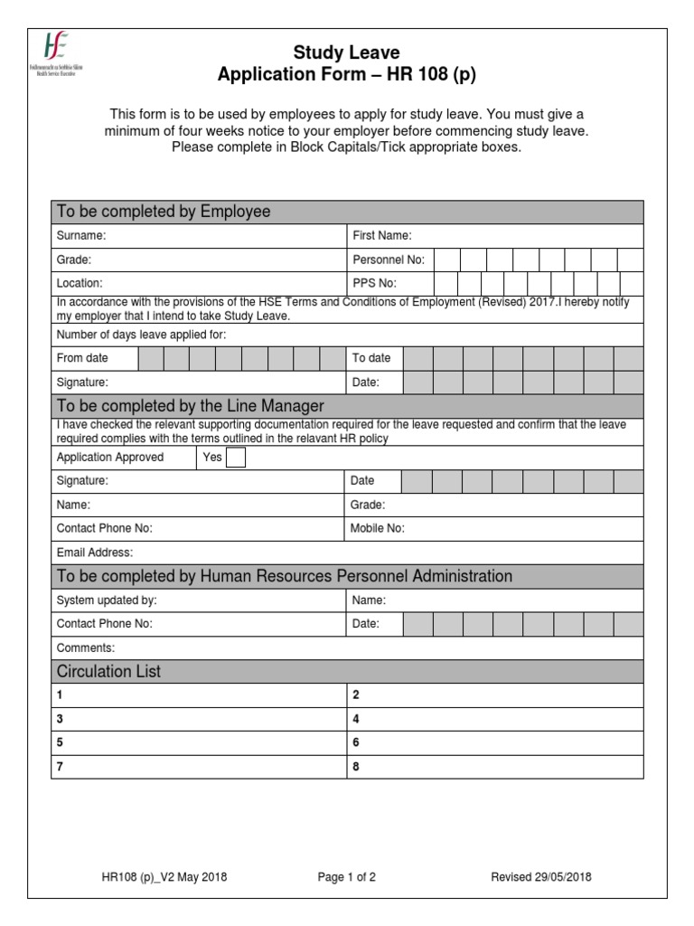 Study Leave Application Form - HR 108 (P) : To Be Completed by Employee ...