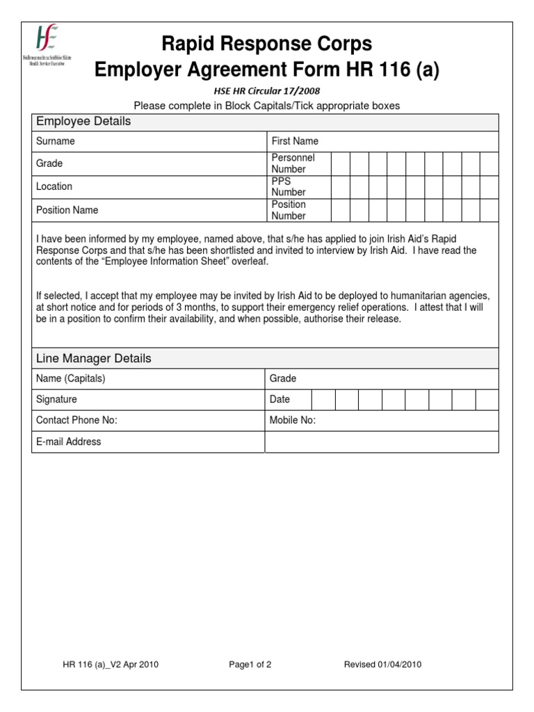Rapid Response Corps Employer Agreement Form HR 116 (A) : Employee ...