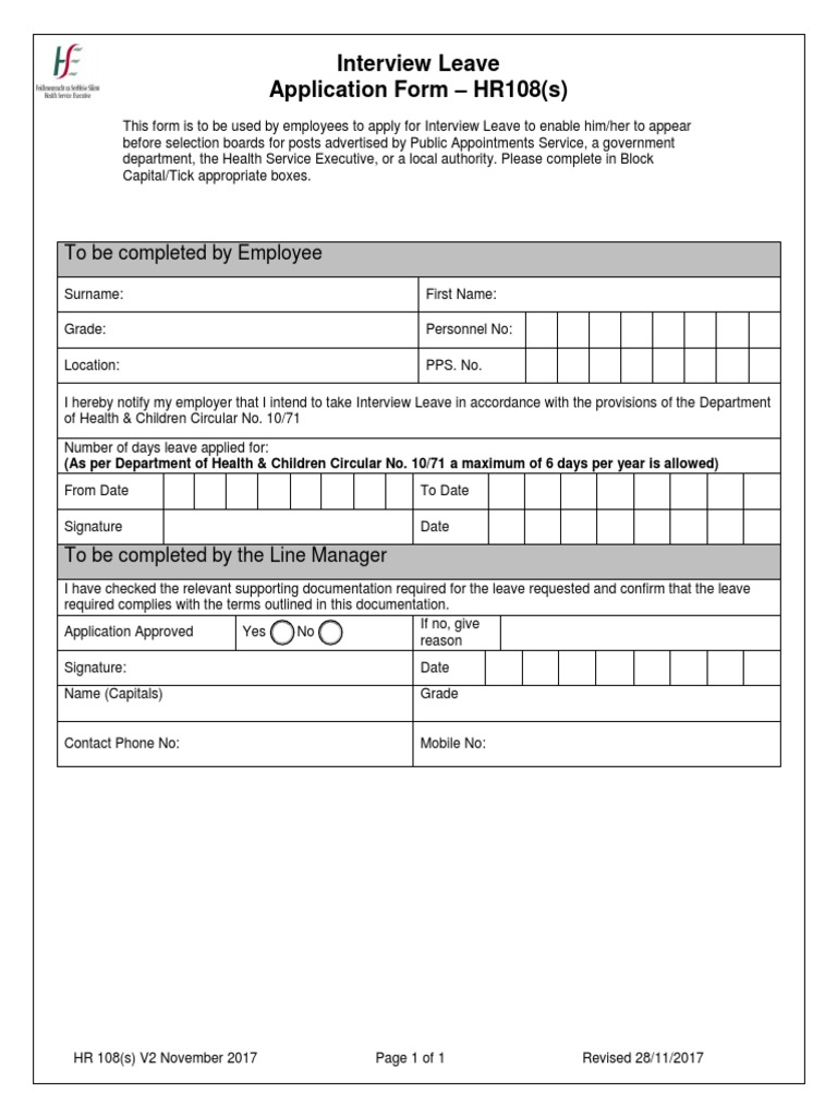 Interview Leave Application Form - HR108(s) : To Be Completed by ...