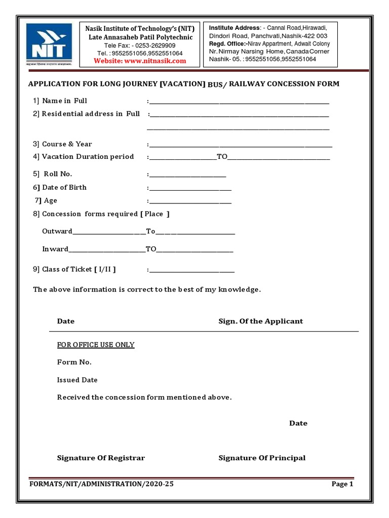 Application For Long Journey (Vacation) Bus/ Railway Concession Form ...