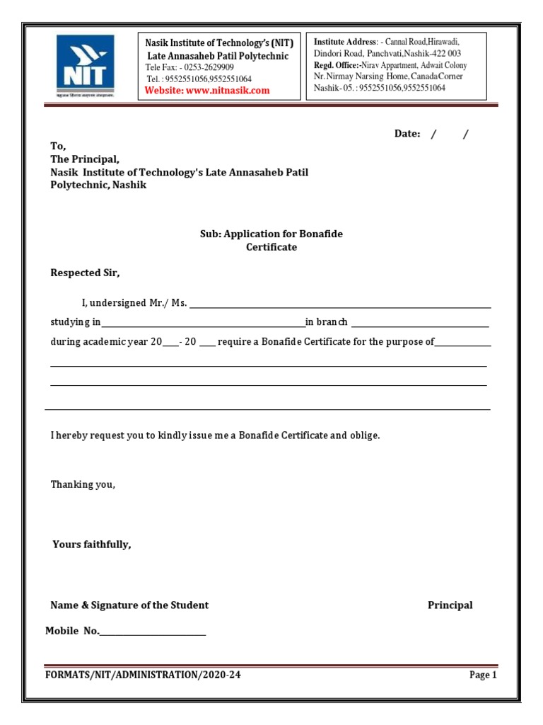 Application Form For Bonafide Certificate PDF | PDF