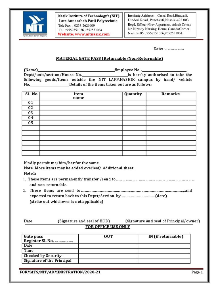 MATERIAL GATE PASS (Returnable/Non-Returnable) : Nasik Institute of ...