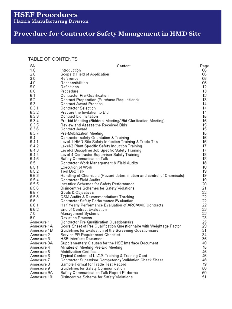Procedure For Contractor Safety Management | PDF | Safety | General ...