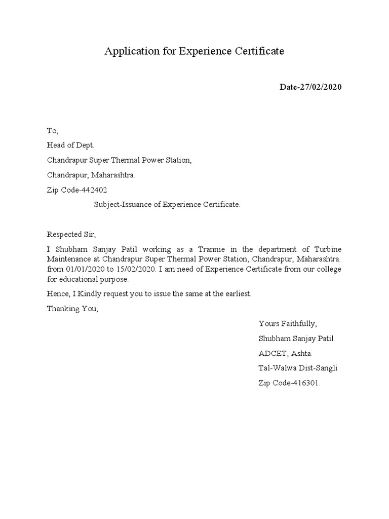 Application For Experience Certificate | PDF