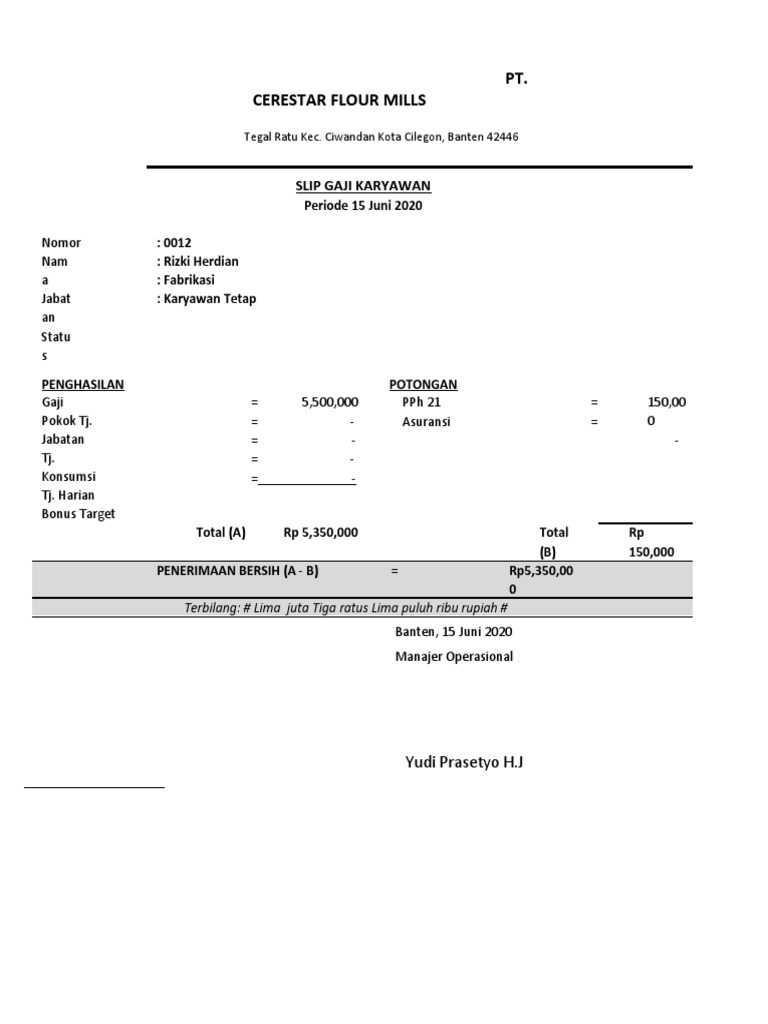 Contoh Slip Gaji Karyawan Format Ms Excel | PDF