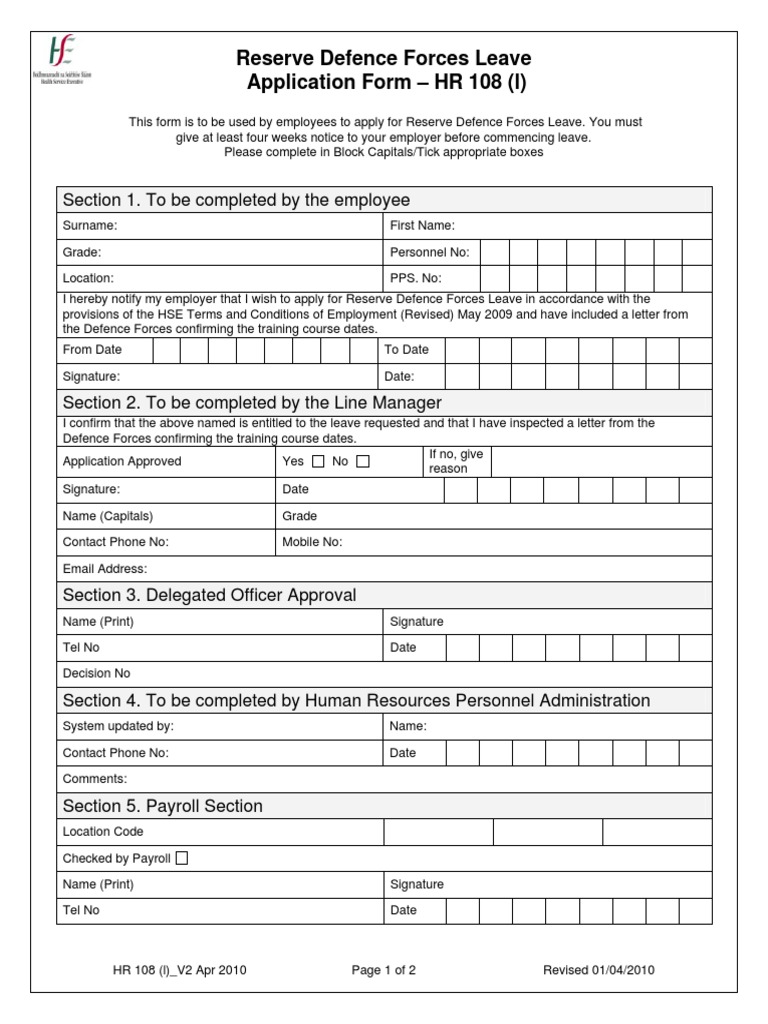 Reserve Defence Forces Leave Application Form - HR 108 (L) : Section 1 ...