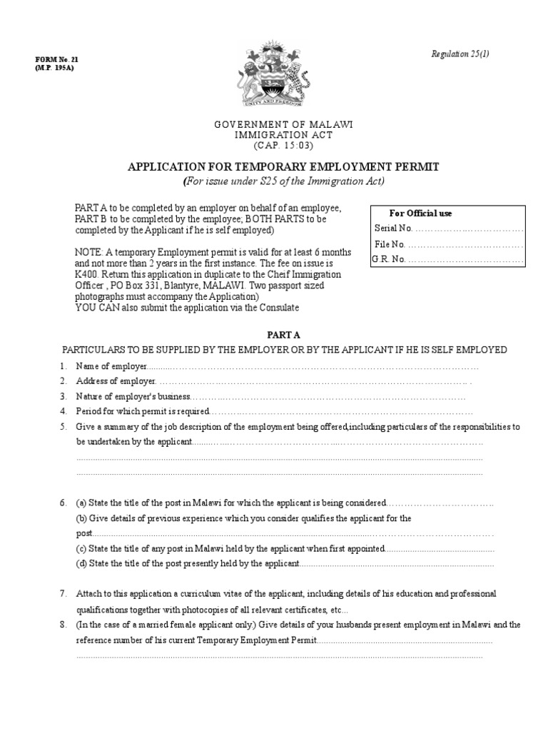 Application For Temporary Employment Permit: (For Issue Under S25 of ...