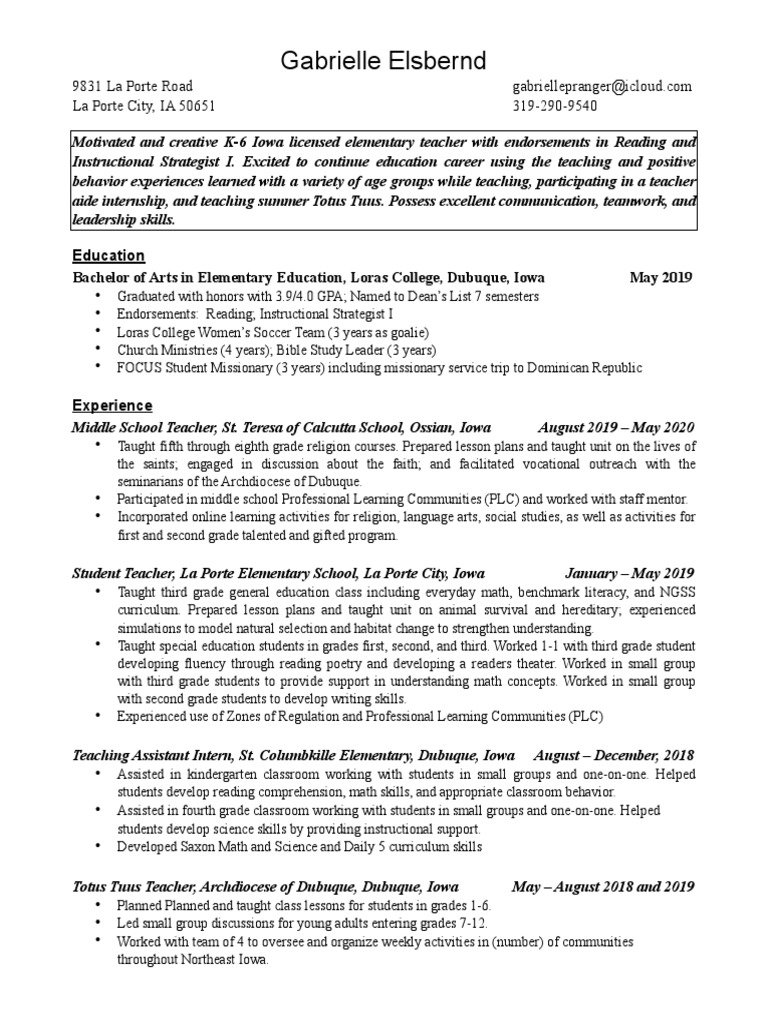 Gabrielle Elsbernd Resume | PDF | Teachers | Lesson Plan
