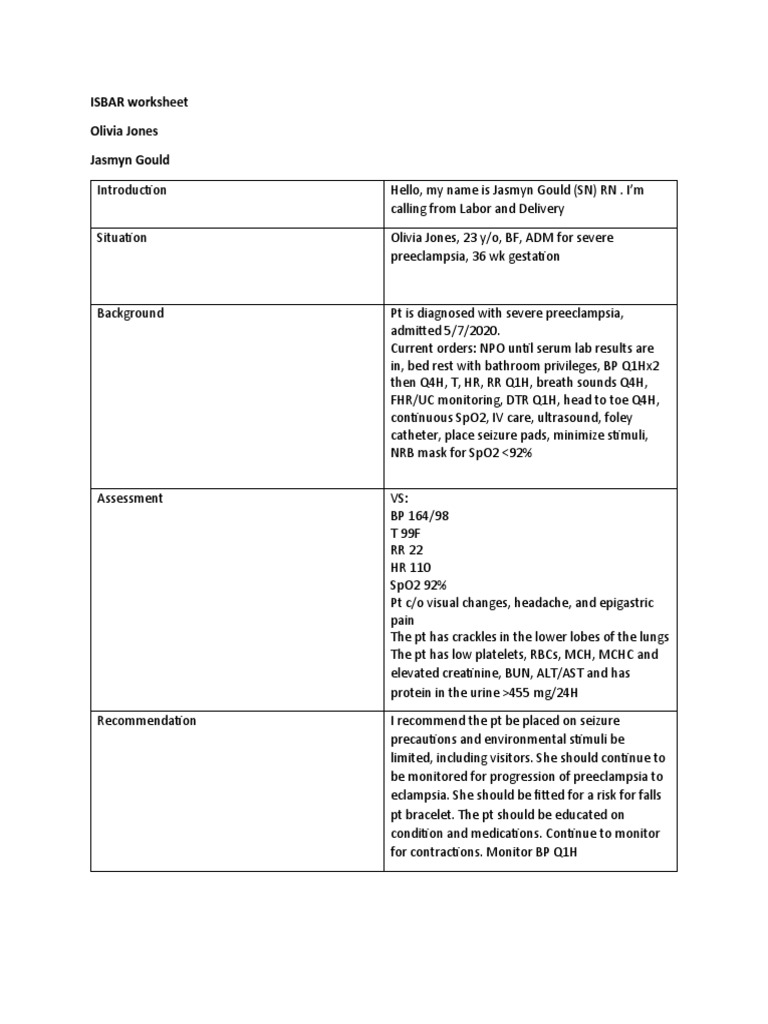 ISBAR Worksheet Olivia Jones Jasgou1752 | PDF