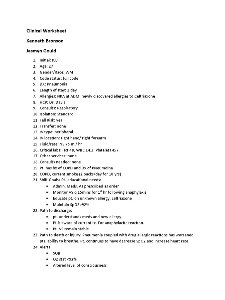 Clinical Worksheet Kenneth Bronson Jasgou1752 | PDF | Pneumonia | Allergy