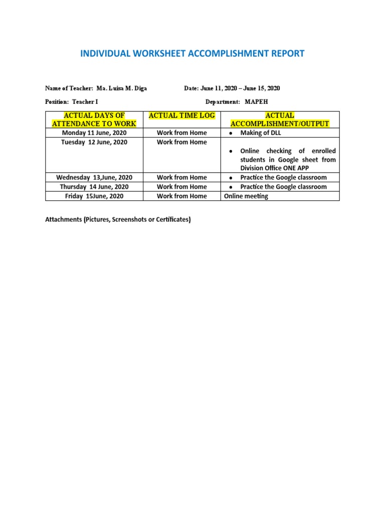 Individual Worksheet Accomplishment Report | PDF