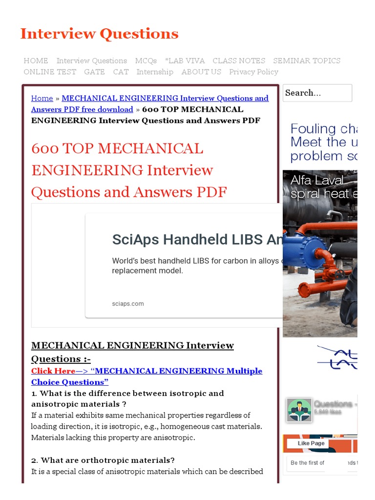 600+ TOP MECHANICAL ENGINEERING Interview Questions & Answers | PDF ...