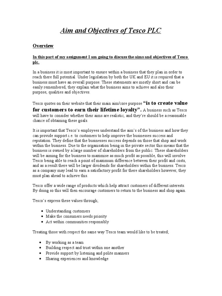 (P3) Strategic, Aims and Objectives of Tesco PLC | PDF | Tesco | Goal