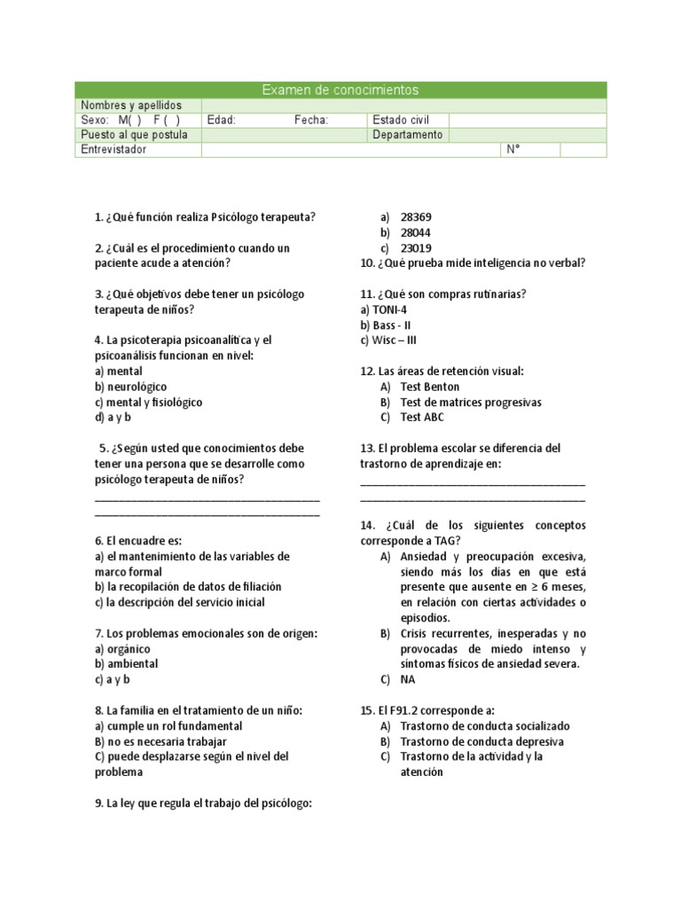 Modelo de Examen de Conocimientos Coordinador de Abastecimiento | PDF | Ansiedad | Trastorno mental
