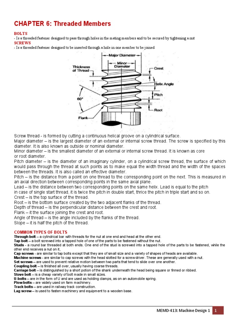 CHAPTER 6: Threaded Members: Bolts Screws | PDF | Screw | Joining