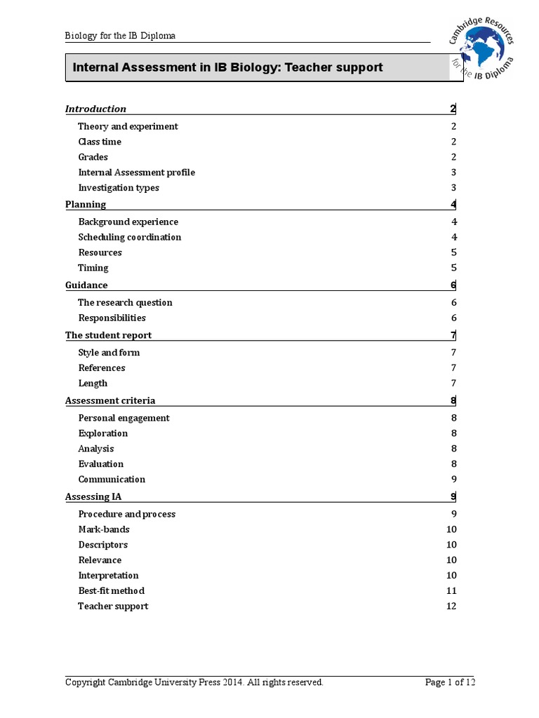 Internal Assessment in IB Biology: Teacher Support: Ntroduction | PDF ...