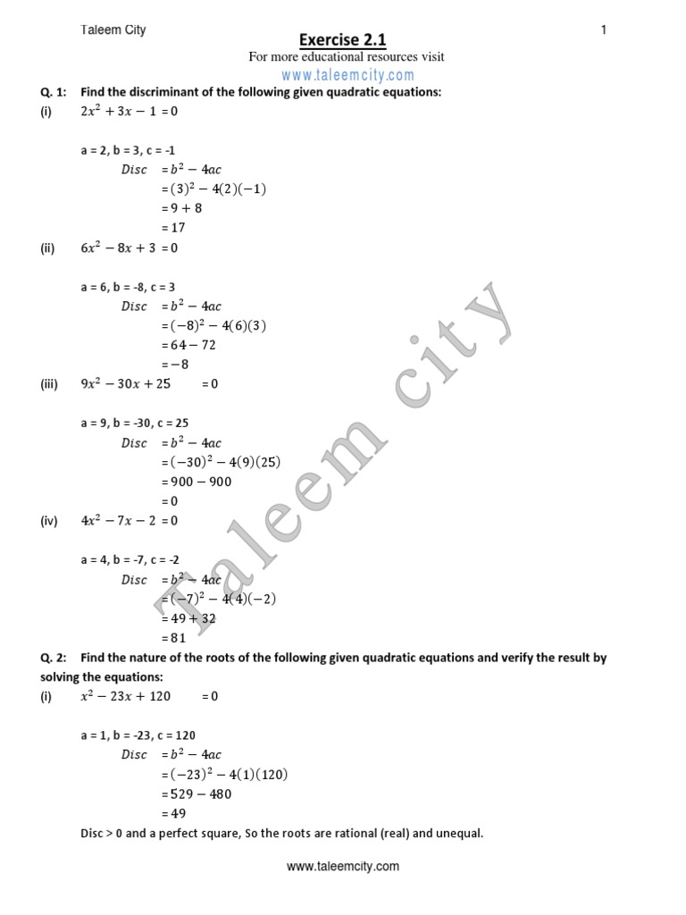 10th Class Math Notes Exercise 2.1 | PDF | Square Root | Quadratic Equation