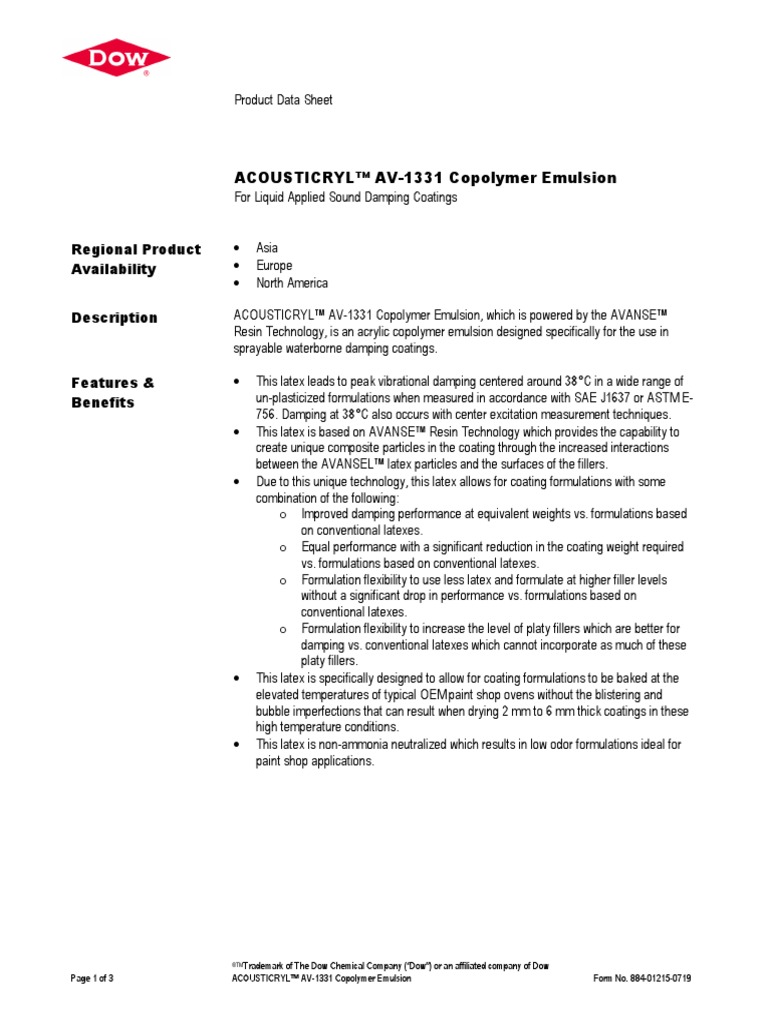 ACOUSTICRYL™ AV-1331 Copolymer Emulsion: Regional Product Availability ...