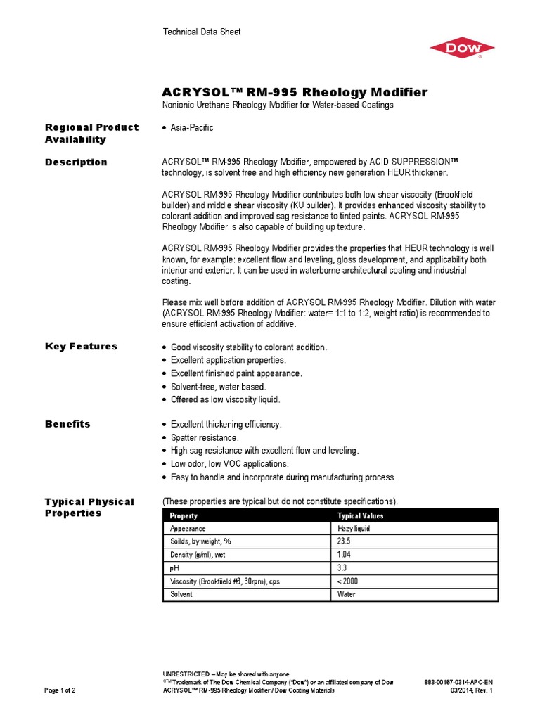 ACRYSOL™ RM-995 Rheology Modifier: Regional Product Availability ...