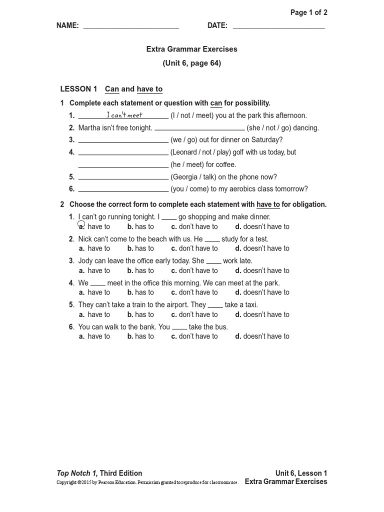 Extra Grammar Exercises (Unit 6, Page 64) : Top Notch 1, Third Edition | PDF | Leisure