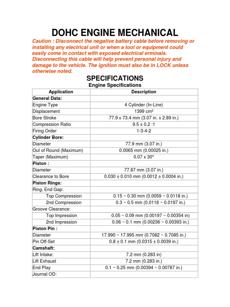 Dohc Engine Mechanical: Specifications | PDF | Ignition System | Piston