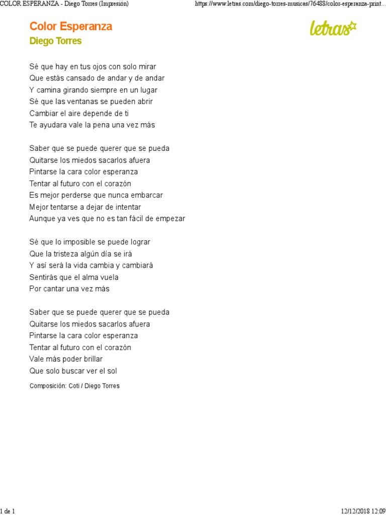 Letra Color Esperanza Diego Torres | PDF