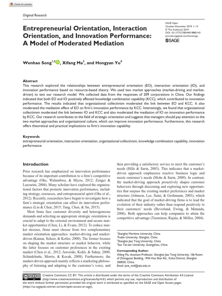Entrepreneurial Orientation, Interaction Orientation, and Innovation Performance: A Model of ...