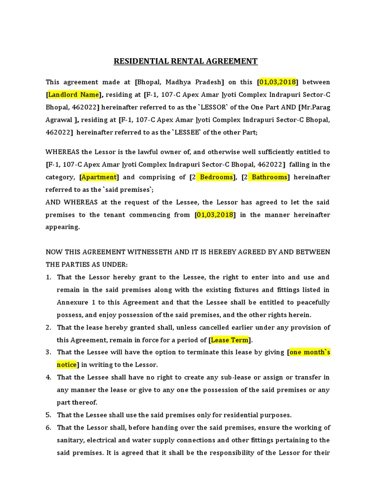 Residential Rental Agreement Format | PDF | Urban | Lease
