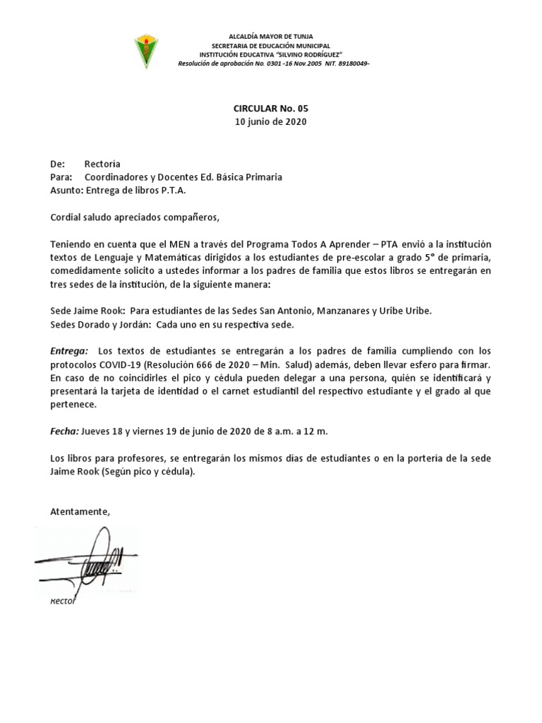 Circular 05 Entrega Libros PTA - Corregida | PDF | Aprendizaje | Enseñando y aprendiendo