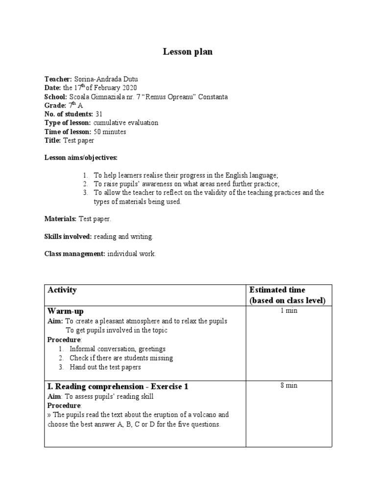 Lesson Plan Test Inspectie 2019-2020 | PDF | Lesson Plan | Learning