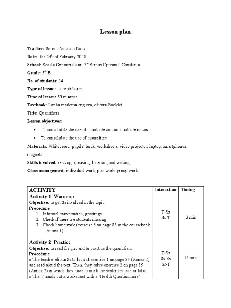 Lesson plan on quantifiers | PDF | Lesson Plan | Learning